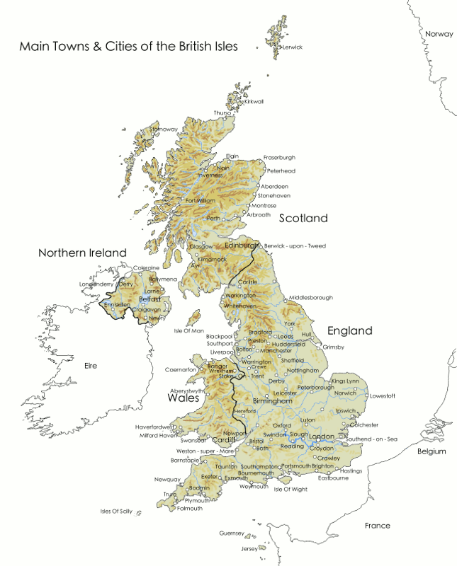 Map of Major Towns & Cities in the British Isles | Britain Visitor ...