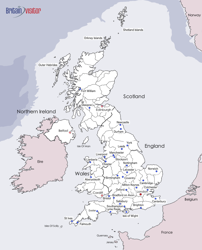Map of Major Towns & Cities in the British Isles | Britain Visitor ...